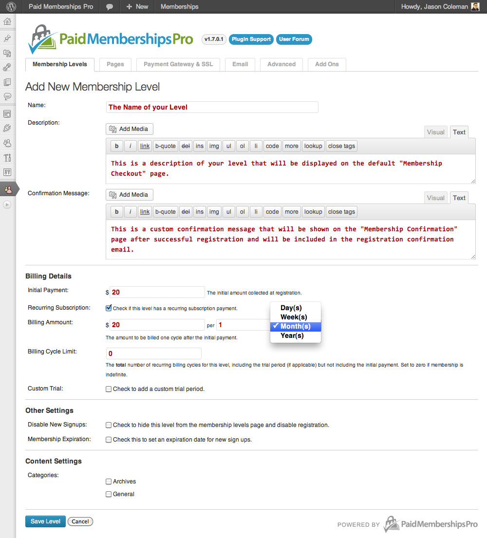 Membership Level Setup