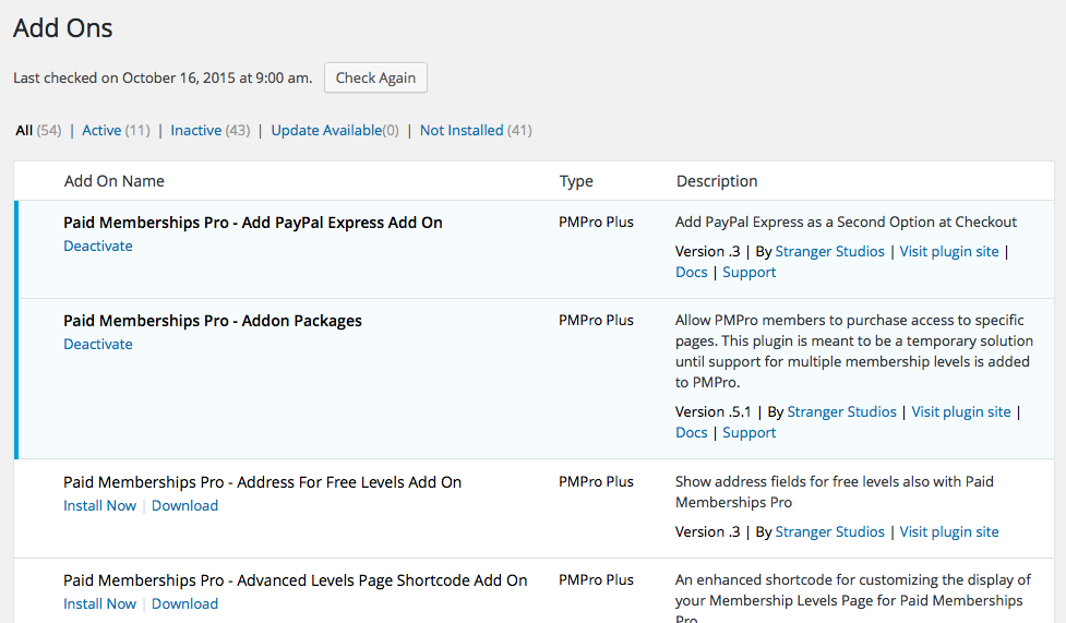 Easily Install and Update PMPro Add Ons In WordPress Admin