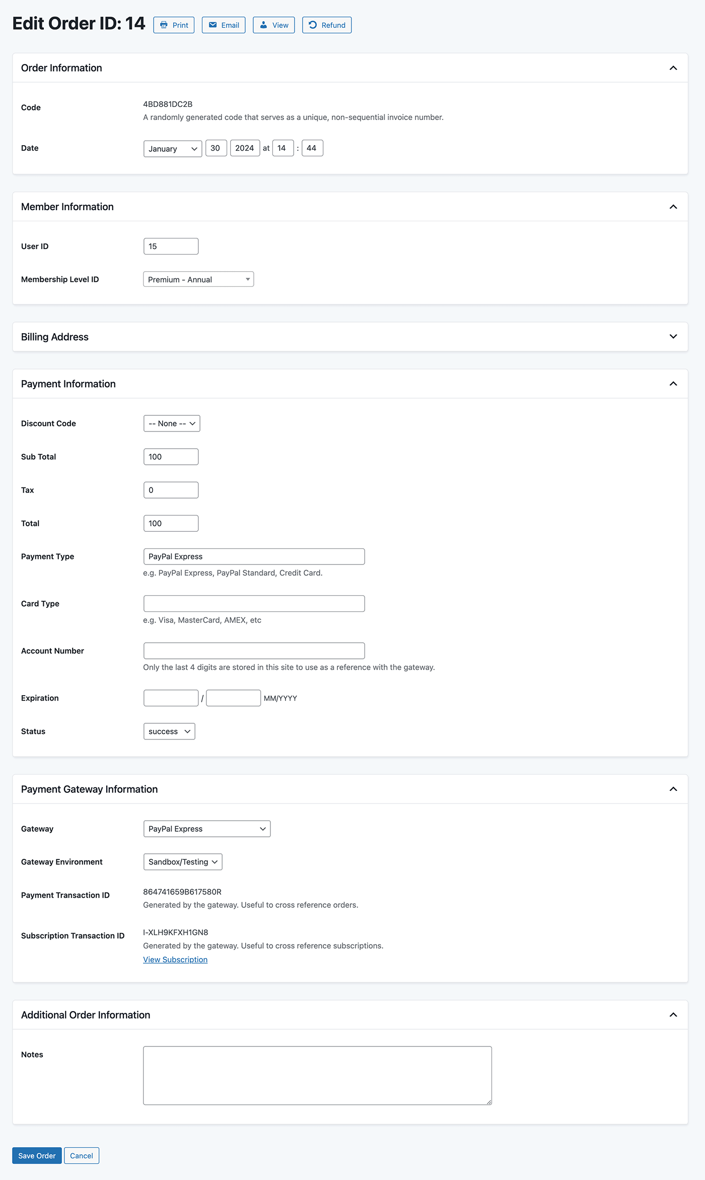 Managing Member Orders in the WordPress Admin Area of PMPro