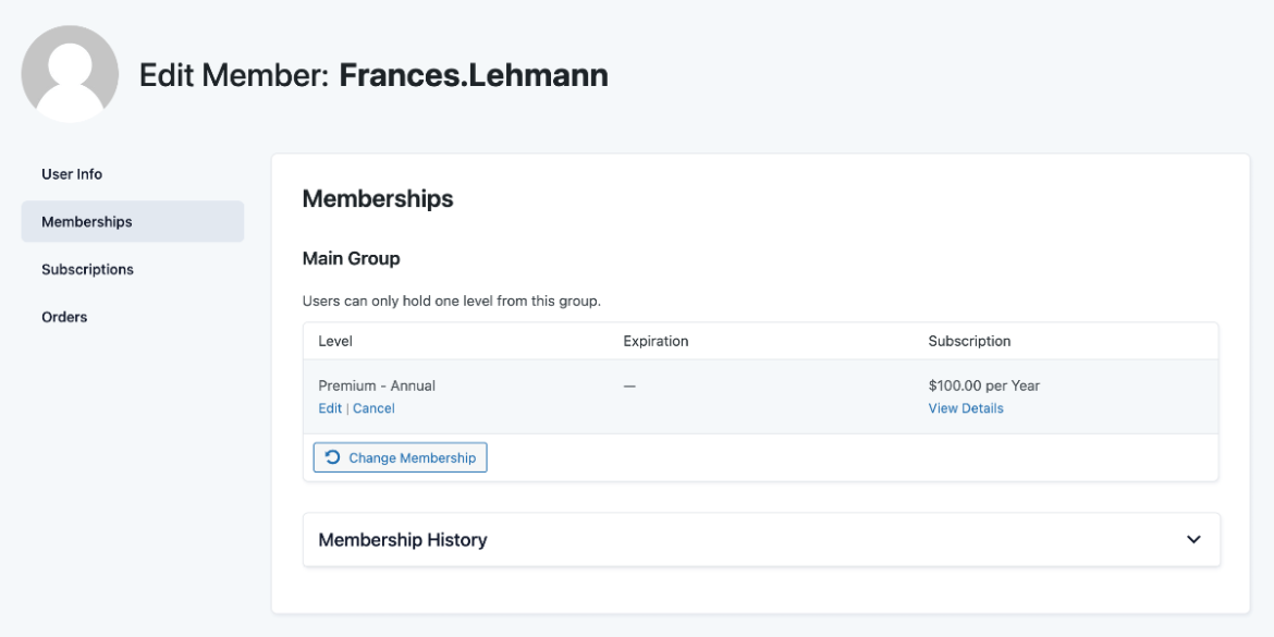 Paid Memberships Pro Edit Member Screen