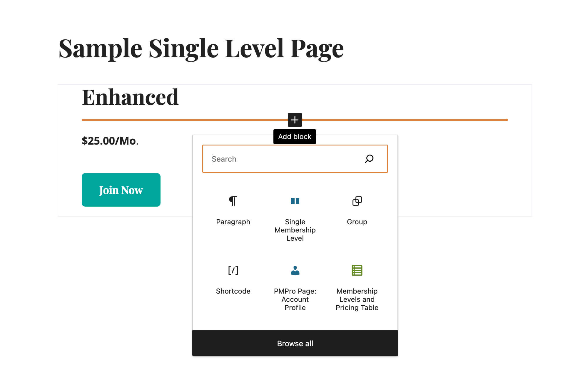 Paid Memberships Pro Single Membership Level Block