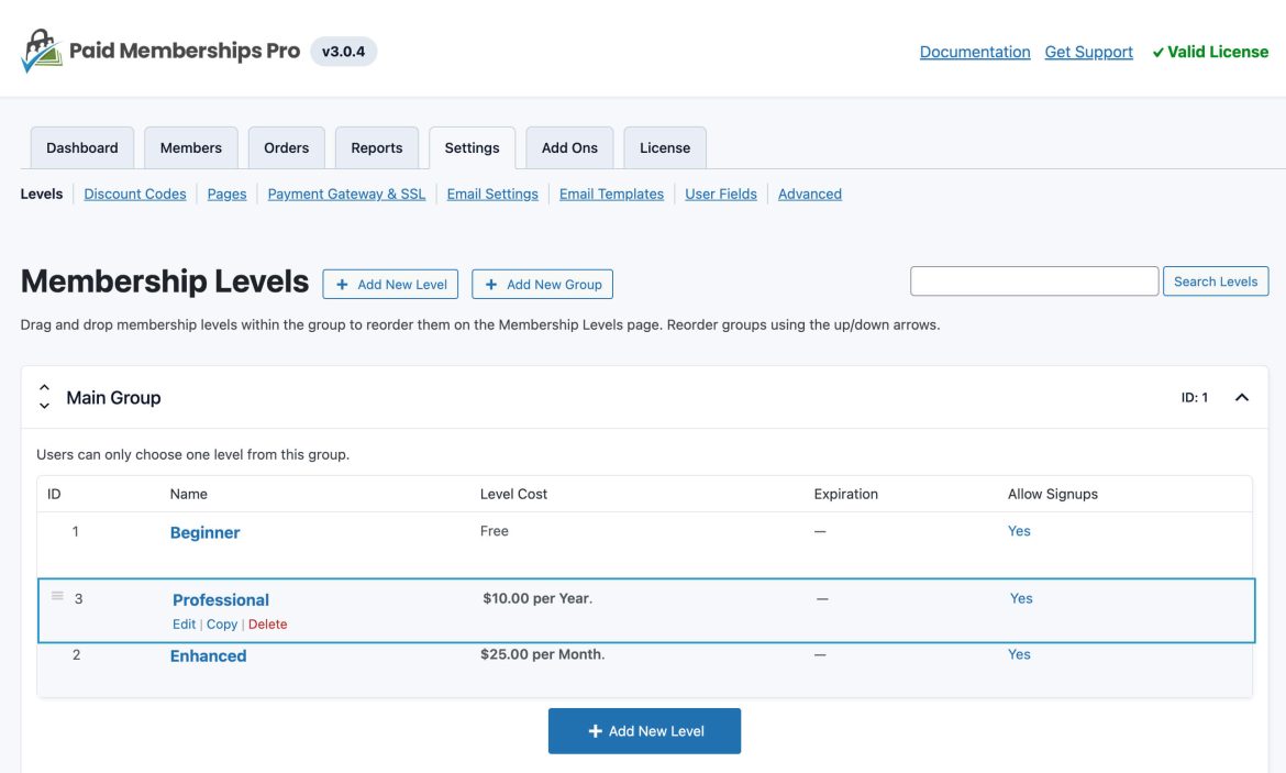 Documentation: Admin Settings Page for Membership Level Setup