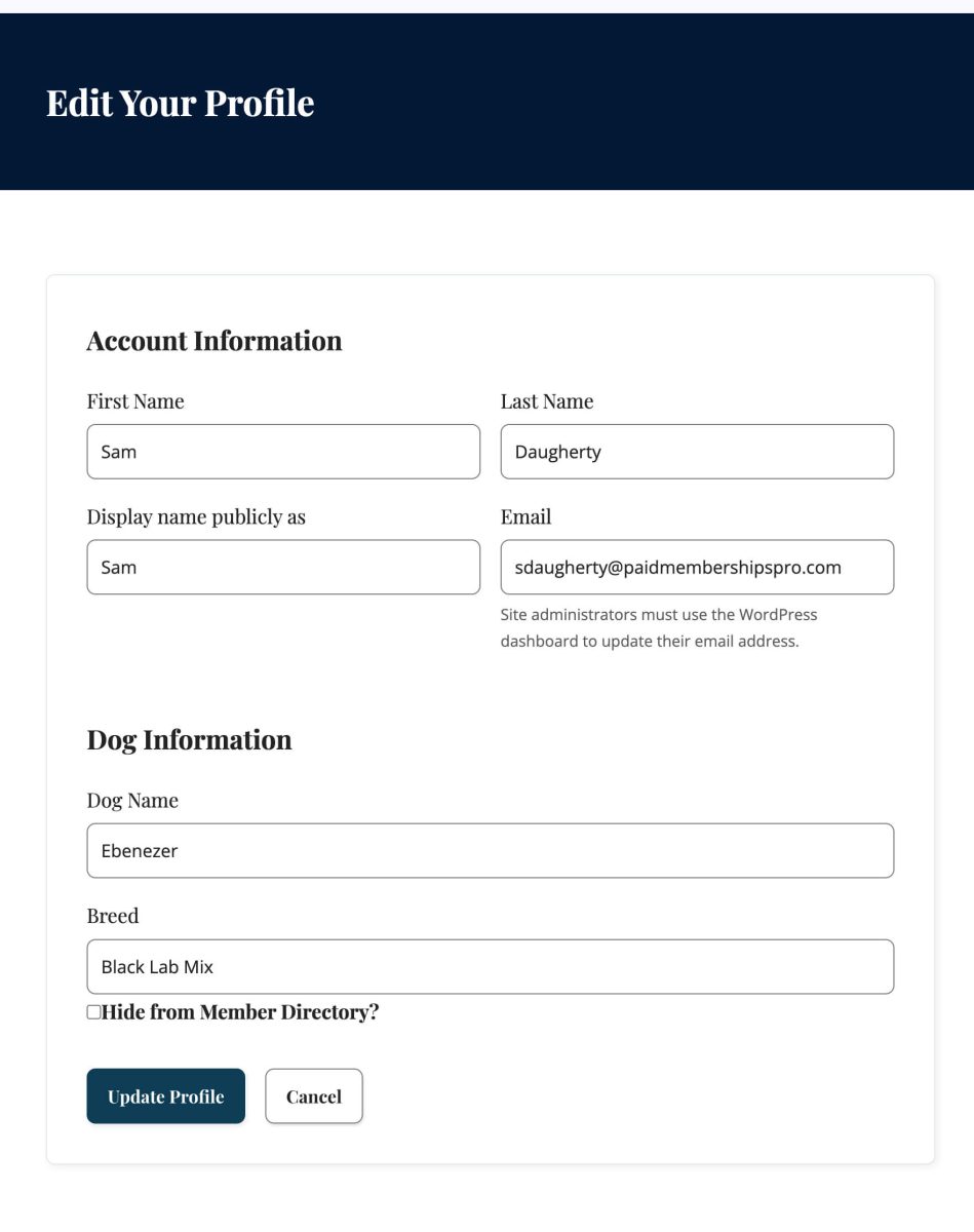 PMPro Member Profile Edit Page