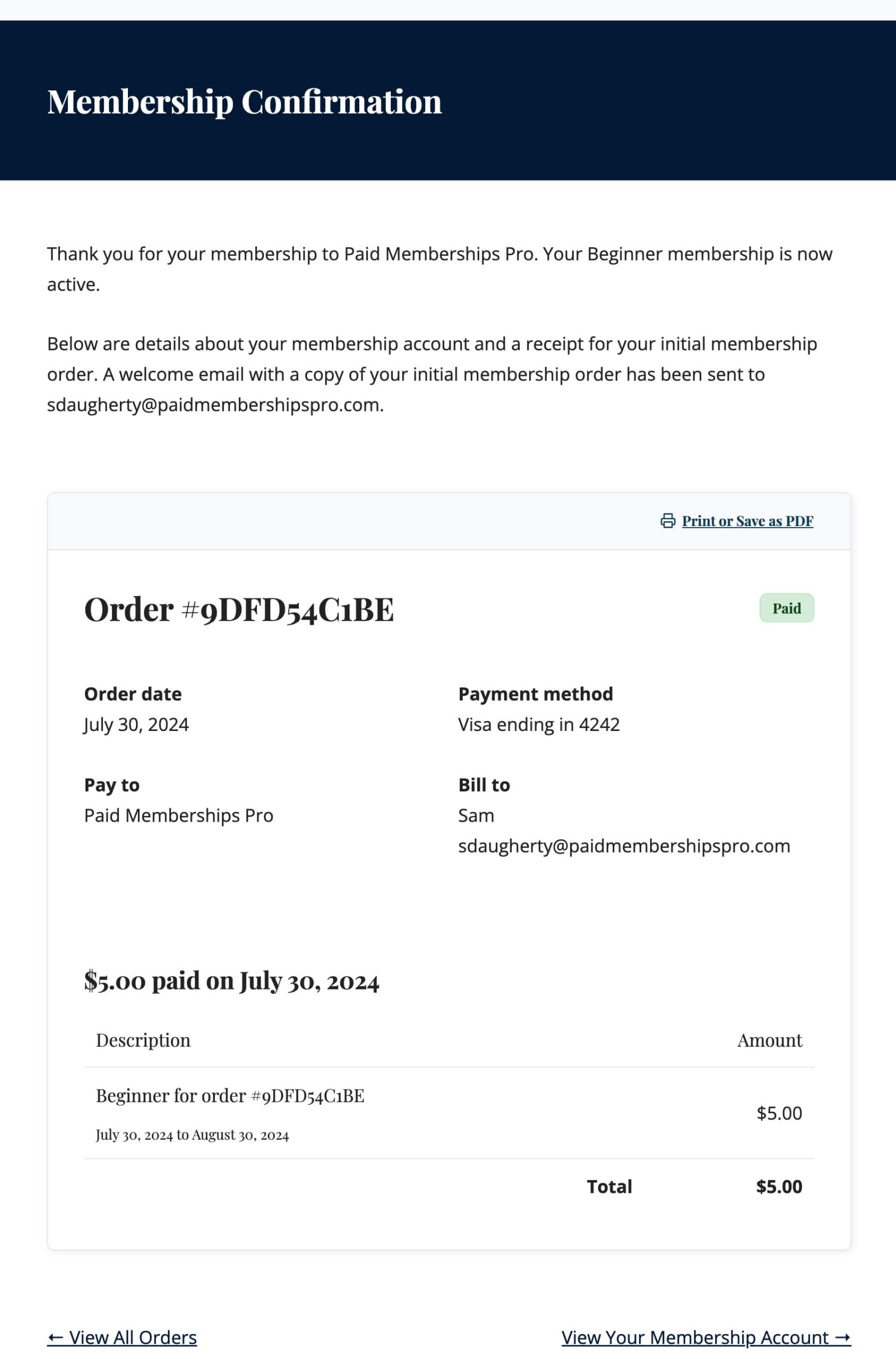Membership Confirmation Page Documentation