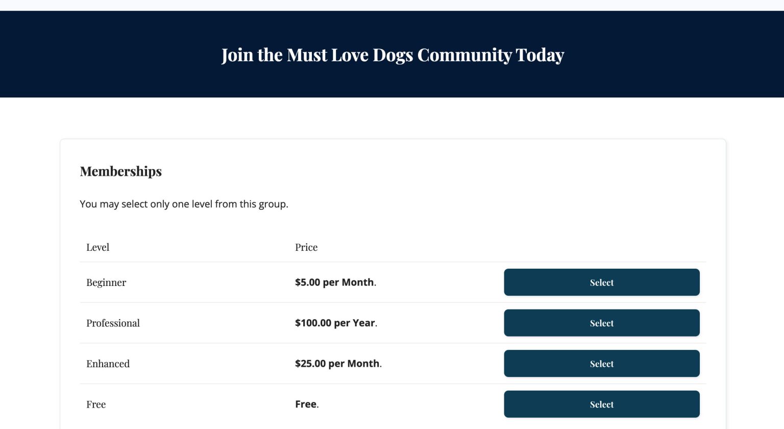 Documentation on the Sales and Pricing Page for Membership Levels