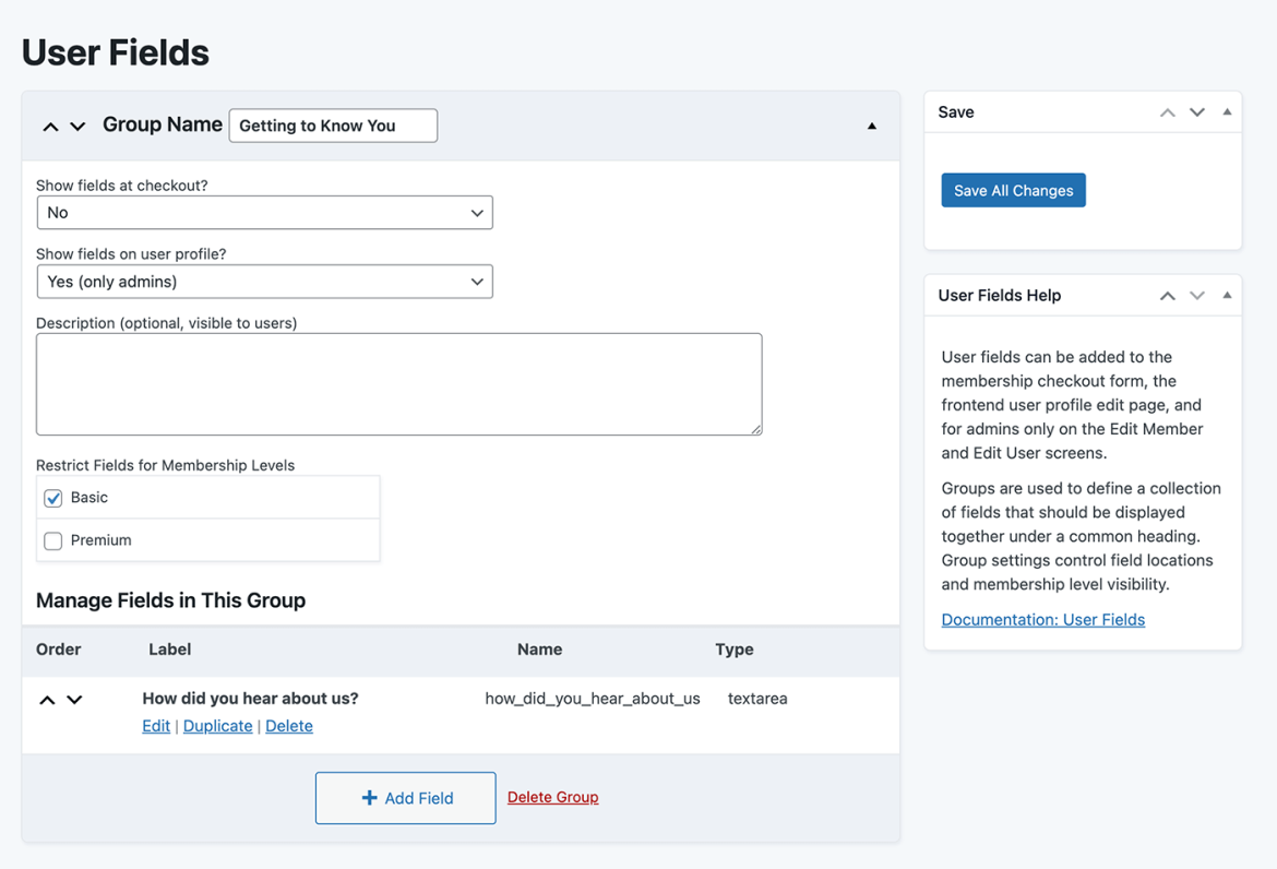 PMPro Initial Setup Step 9. User Fields
