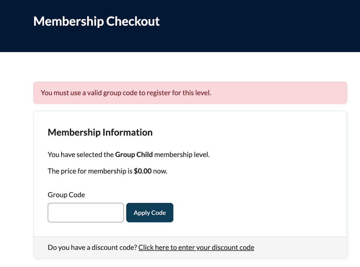 Require a Group Account Code to Register for a Membership Level
